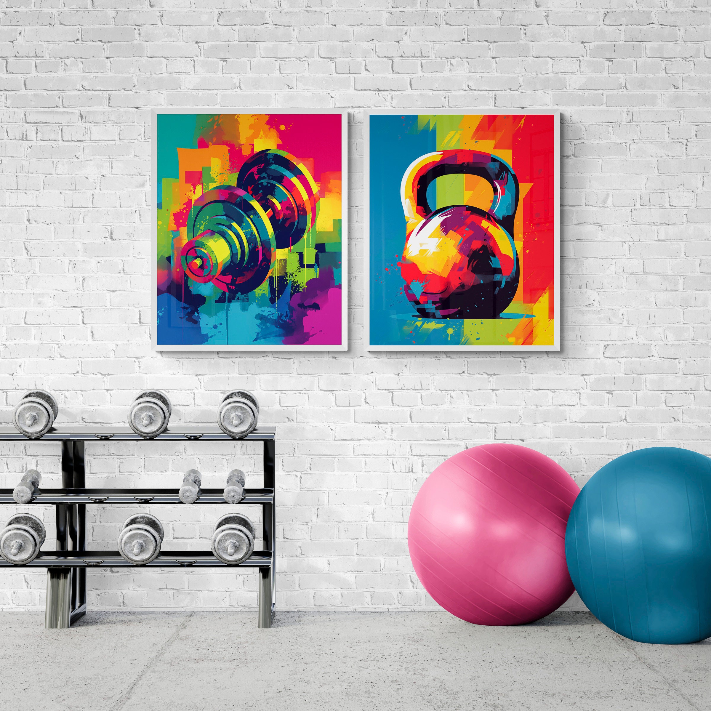 Set of 2 Gym Wall Art, Dumbbell & Kettlebell, Workout Canvas Wall Art ...