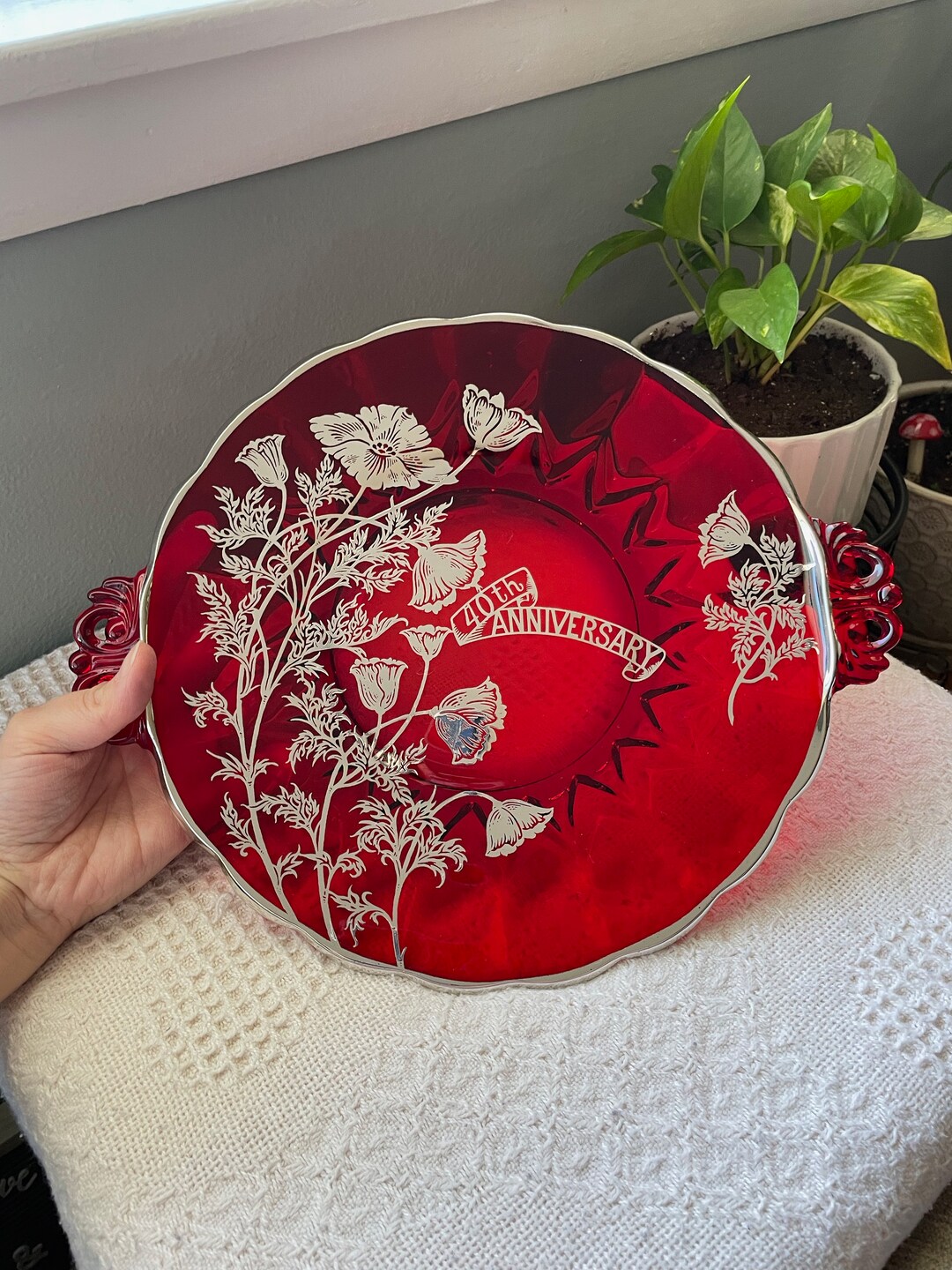 Viking Ruby Red Glass Cake Platter 40th Anniversary and Floral Silver ...