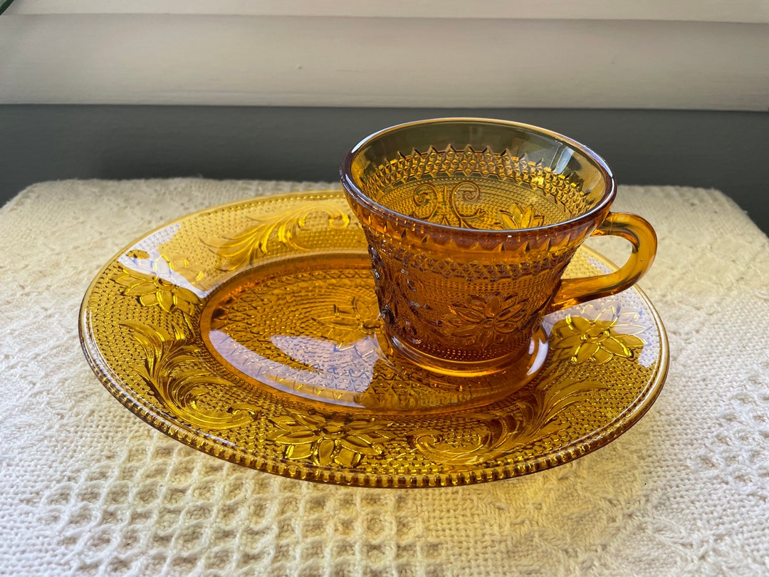 Tiara Indiana Glass - Amber Sandwich Snack Plate and Cup Set of 4 - Etsy