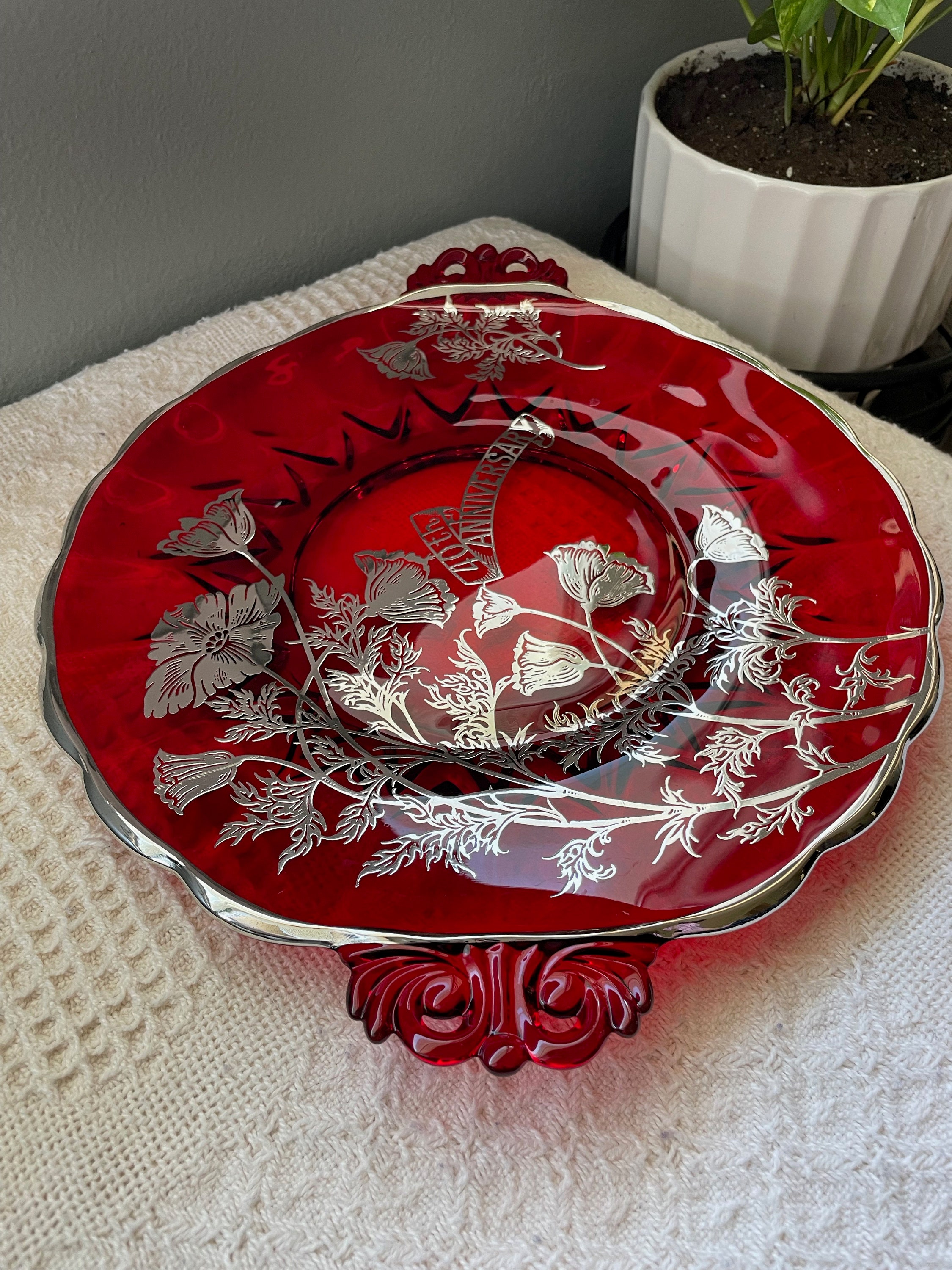 Viking Ruby Red Glass Cake Platter 40th Anniversary and Floral Silver ...