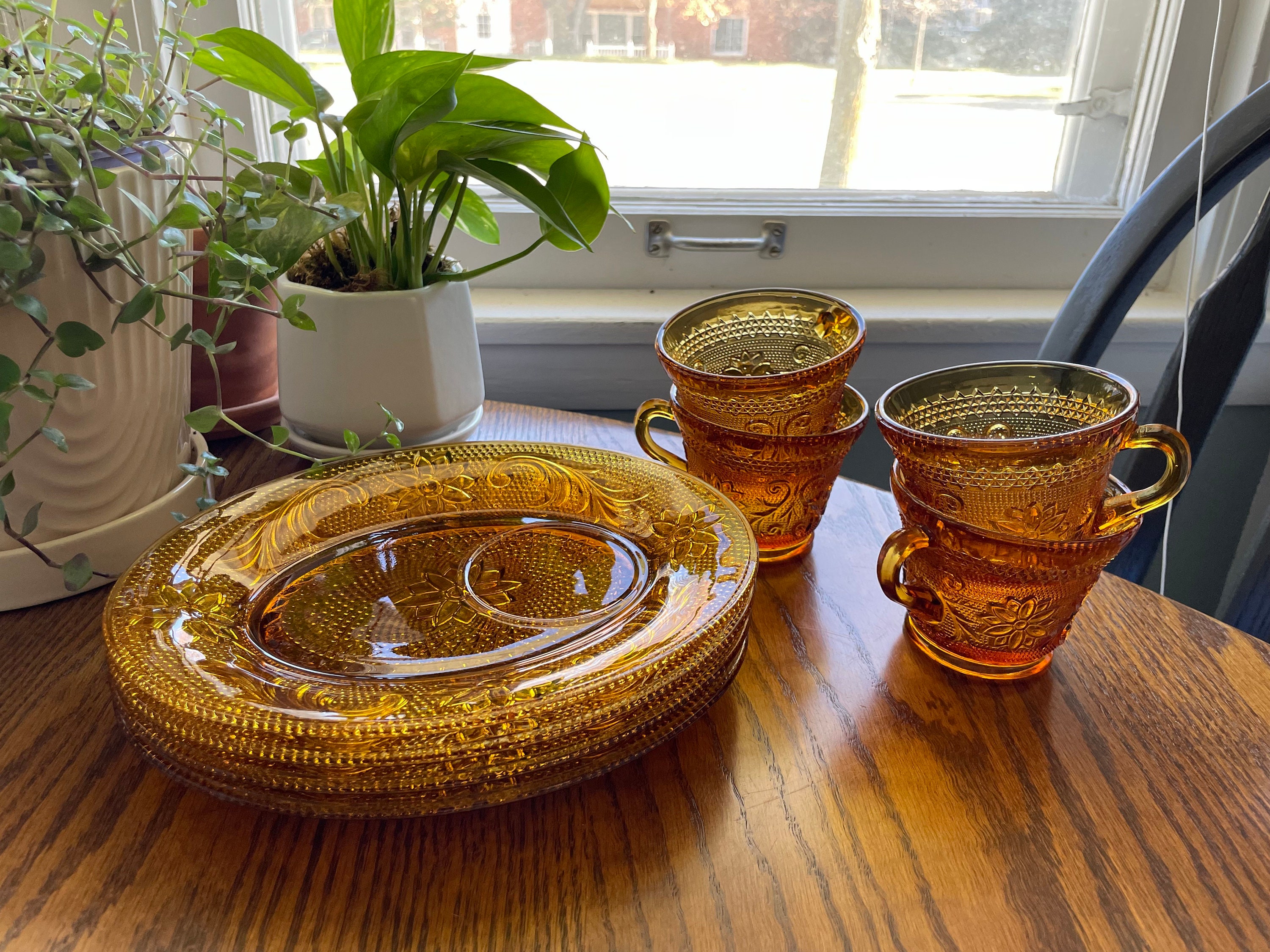 Tiara Indiana Glass Amber Sandwich Snack Plate and Cup Set of 4 - Etsy