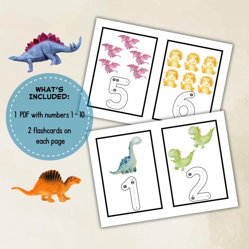 Dinosaur Number Tracing Flashcards: Math Worksheet (PDF) - Etsy