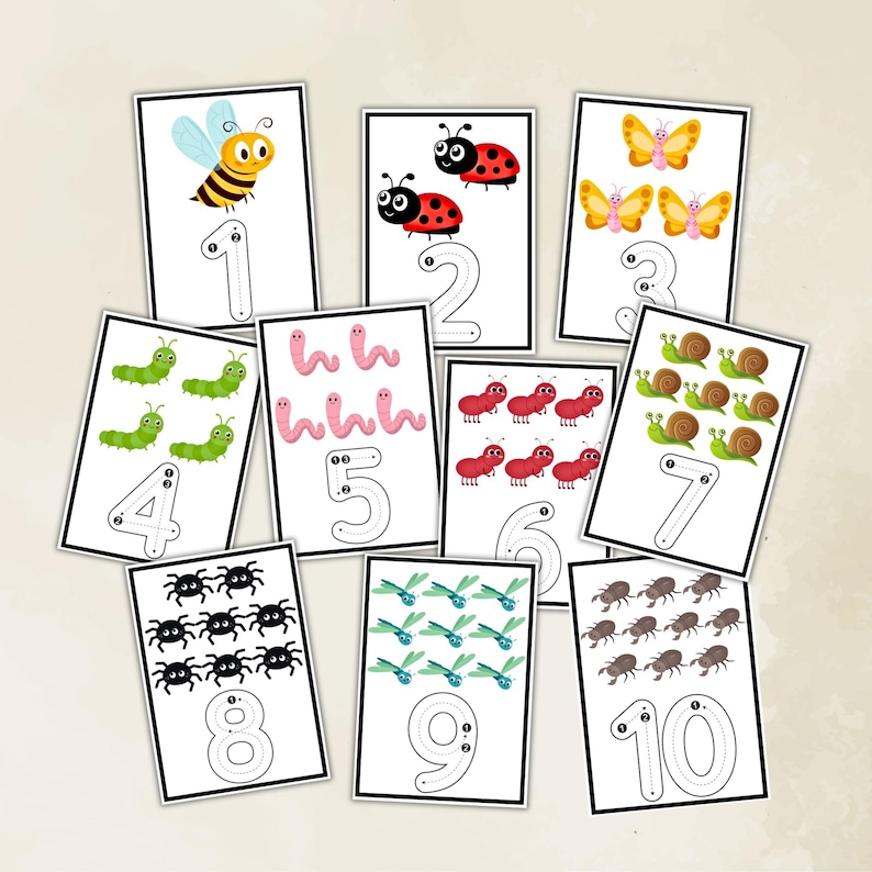 Number Tracing Flashcards: Bugs Counting Activity (PDF Printable) - Etsy