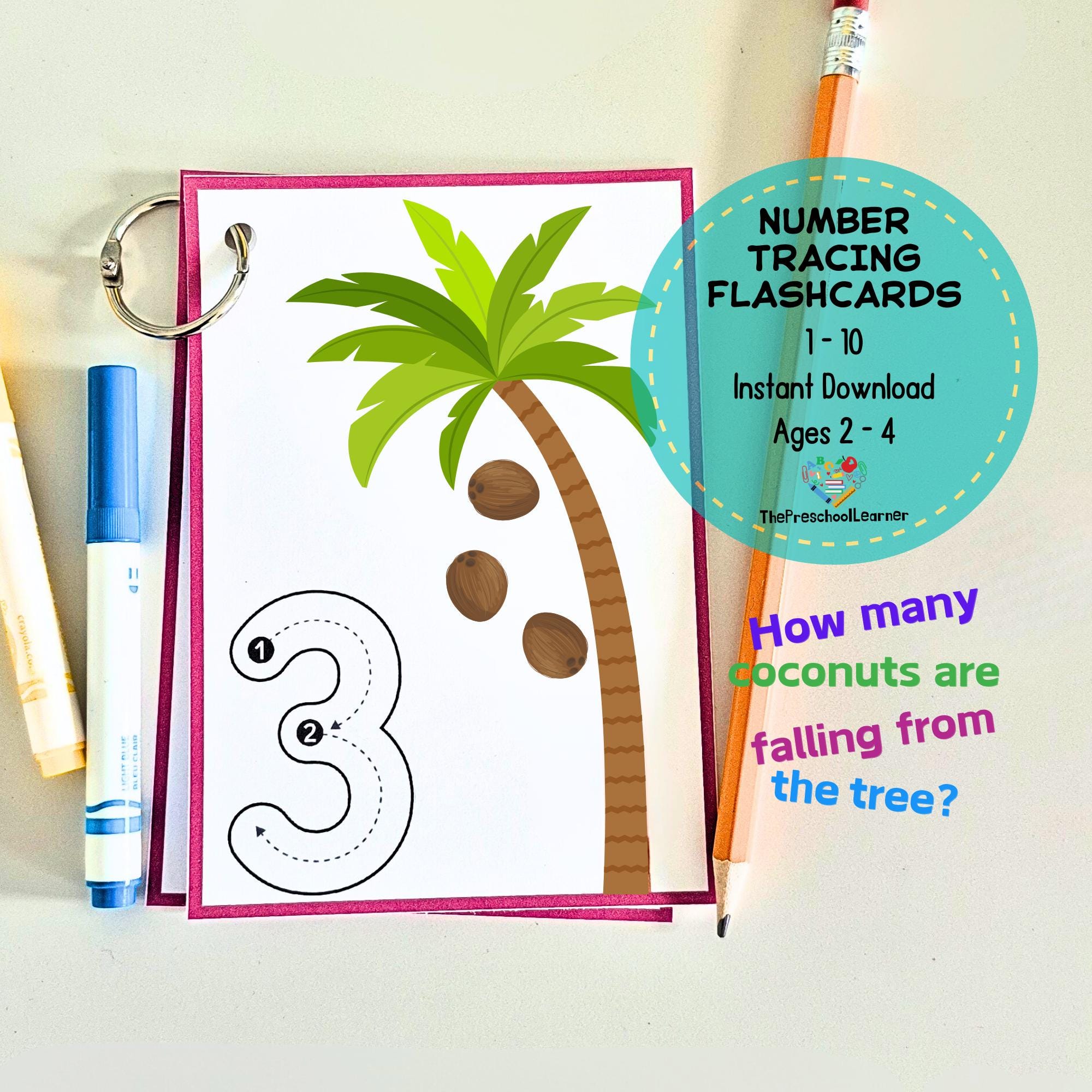 Number Tracing Flashcards: Coconut Counting Activity (PDF) - Etsy