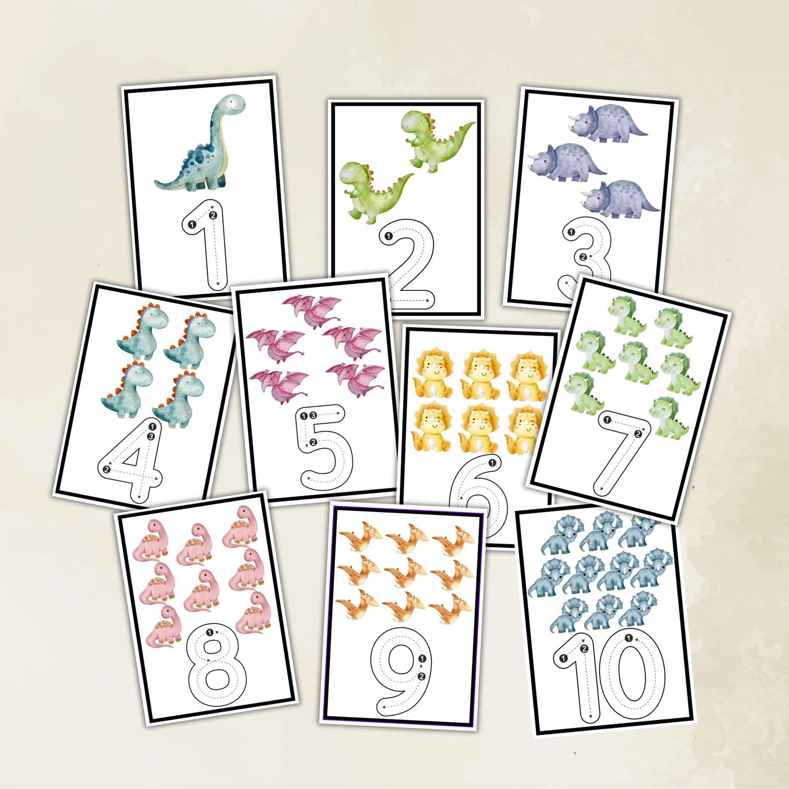Dinosaur Number Tracing Flashcards: Math Worksheet (PDF) - Etsy