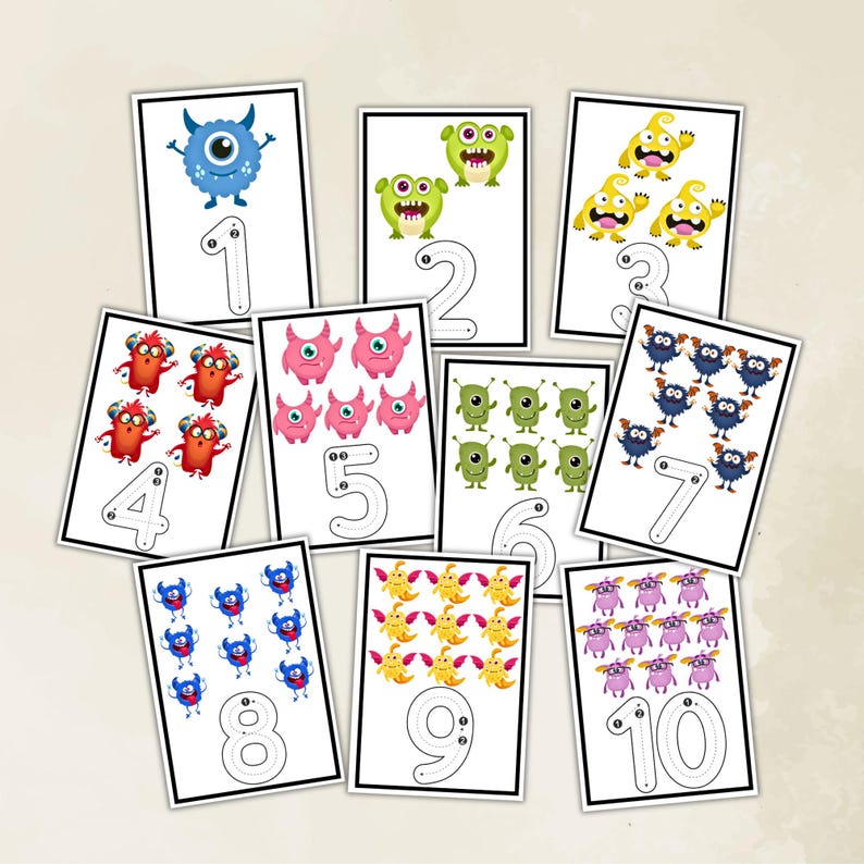 Monster Number Tracing Flashcards 1-10: Prek Math Worksheets (PDF ...