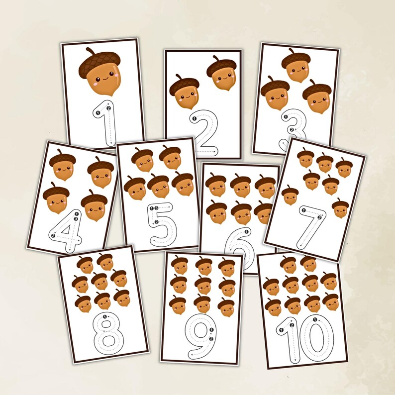 Number Tracing Flashcards: Autumn Acorn Counting, Prek Math (PDF ...