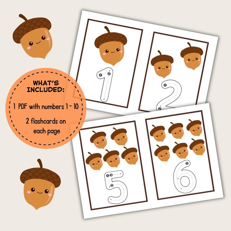 Number Tracing Flashcards: Autumn Acorn Counting, Prek Math (PDF ...