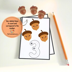 Number Tracing Flashcards: Autumn Acorn Counting, Prek Math (PDF ...