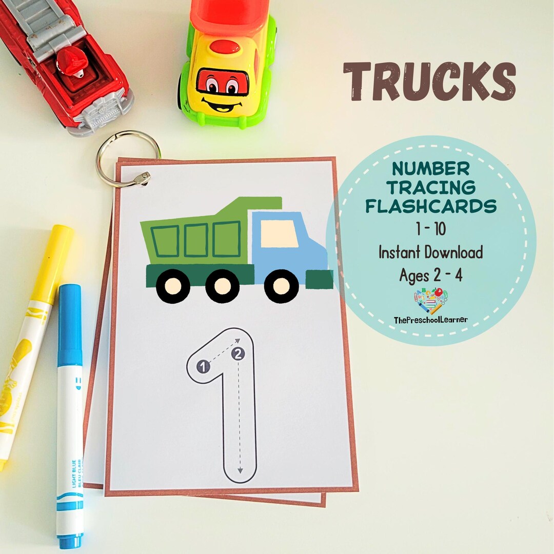 Trucks Number Tracing Printable Flashcards, 1 - 10 Counting Activity ...