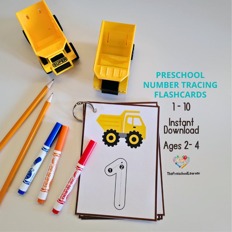 Number Tracing Printable Flashcards, 1 10 Counting Activity, Dump Truck ...