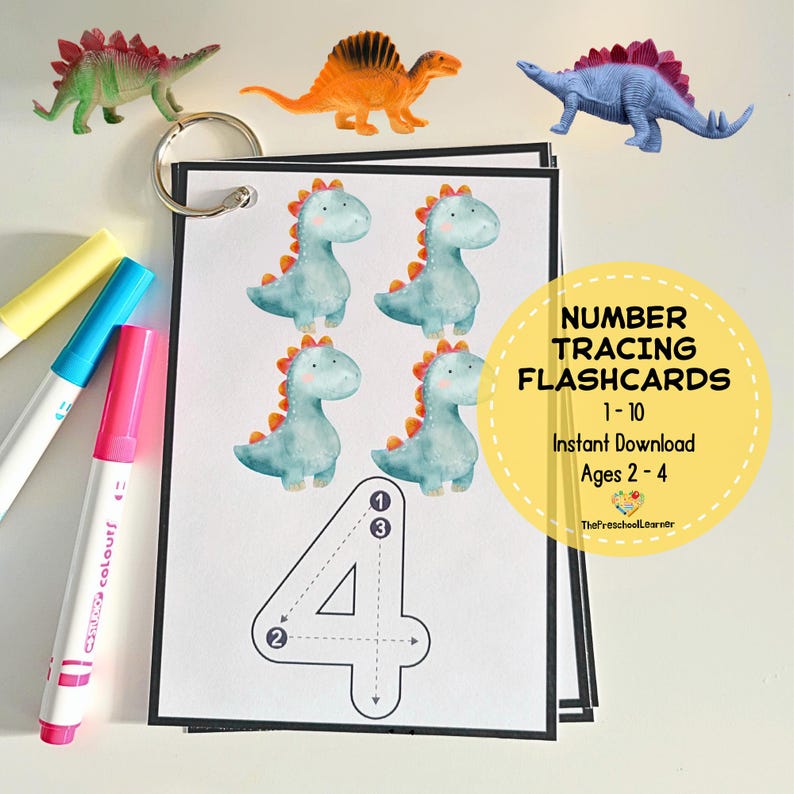 Dinosaur Number Tracing Flashcards: Math Worksheet (PDF) - Etsy