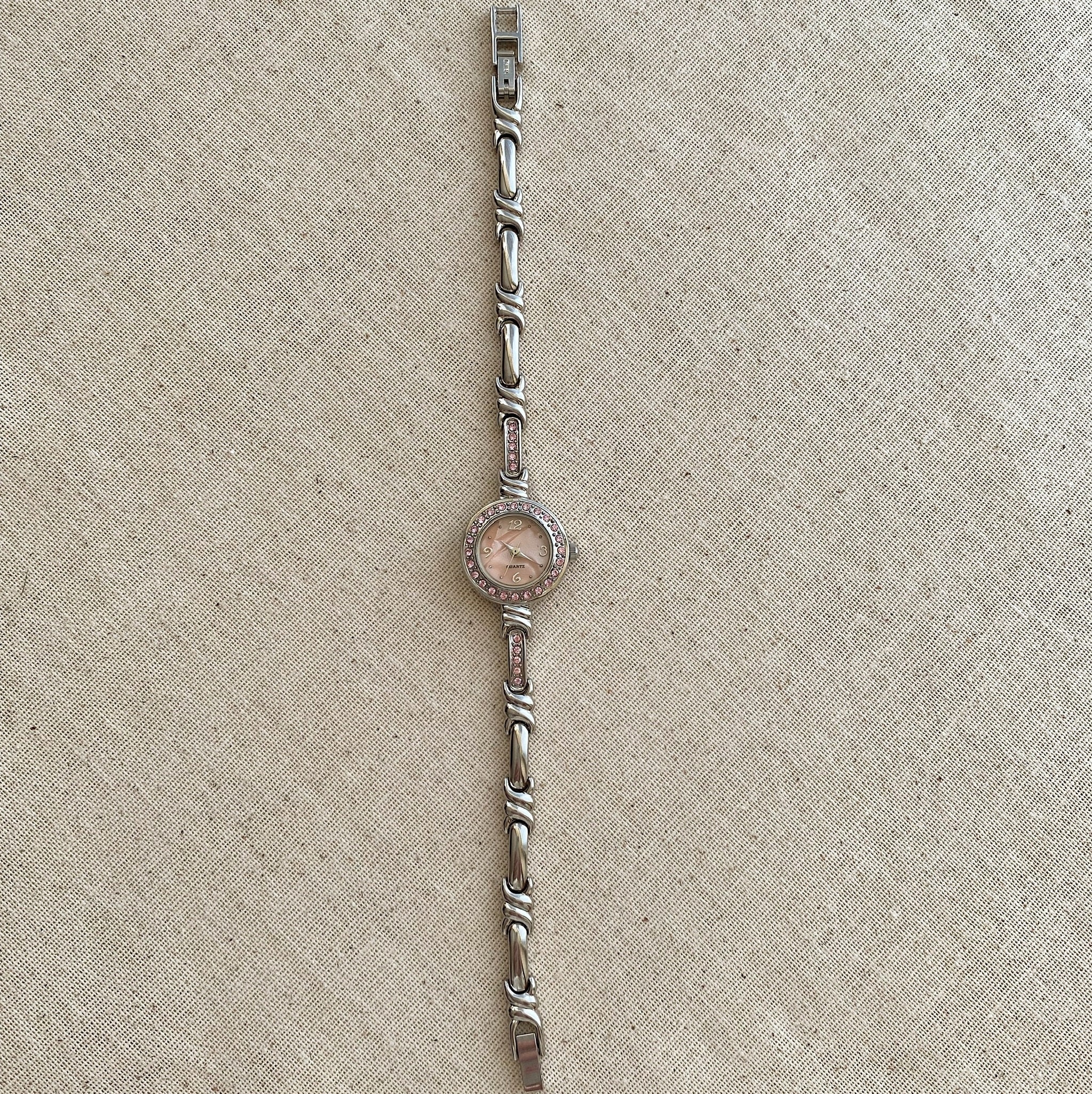 Vintage Pink Diamond Gem Sterling Silver Pearlized Pink Watch Face ...