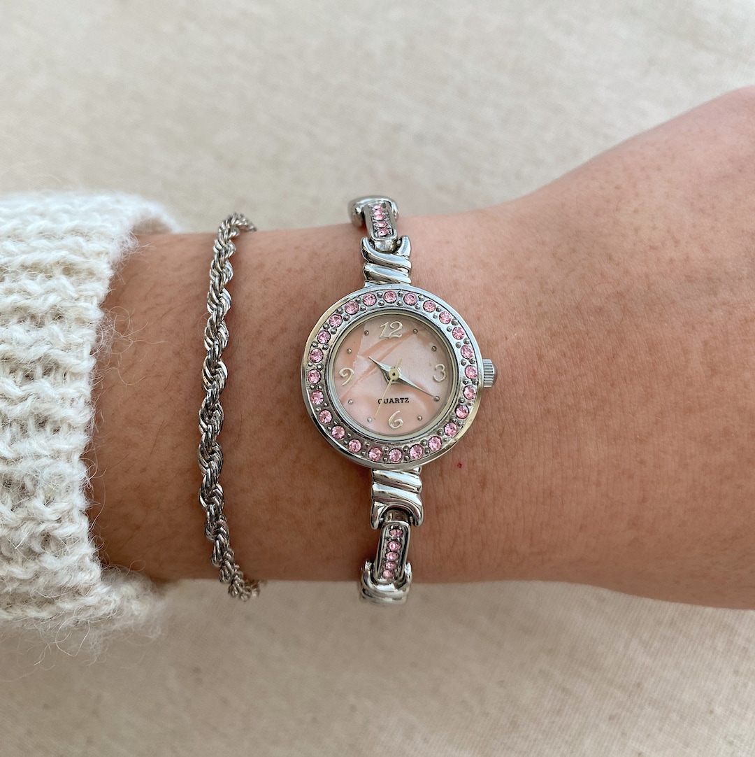 Vintage Pink Diamond Gem Sterling Silver Pearlized Pink Watch Face ...