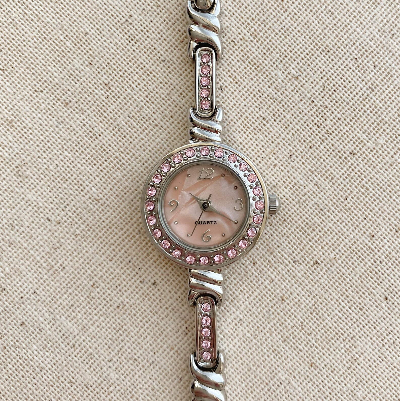 Vintage Pink Diamond Gem Sterling Silver Pearlized Pink Watch Face ...