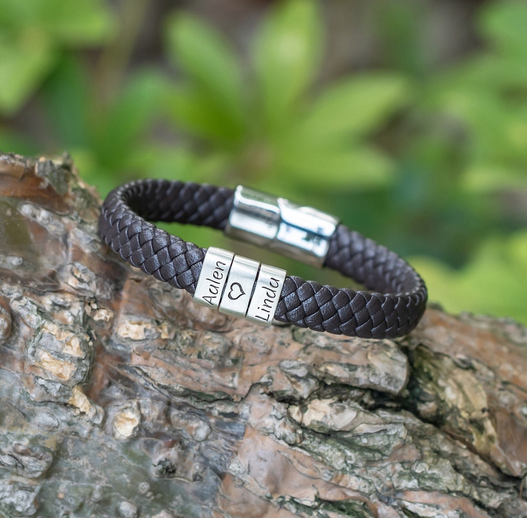 Personalized Leather Mens Bracelet: Engraved Sterling Silver Beads - Etsy