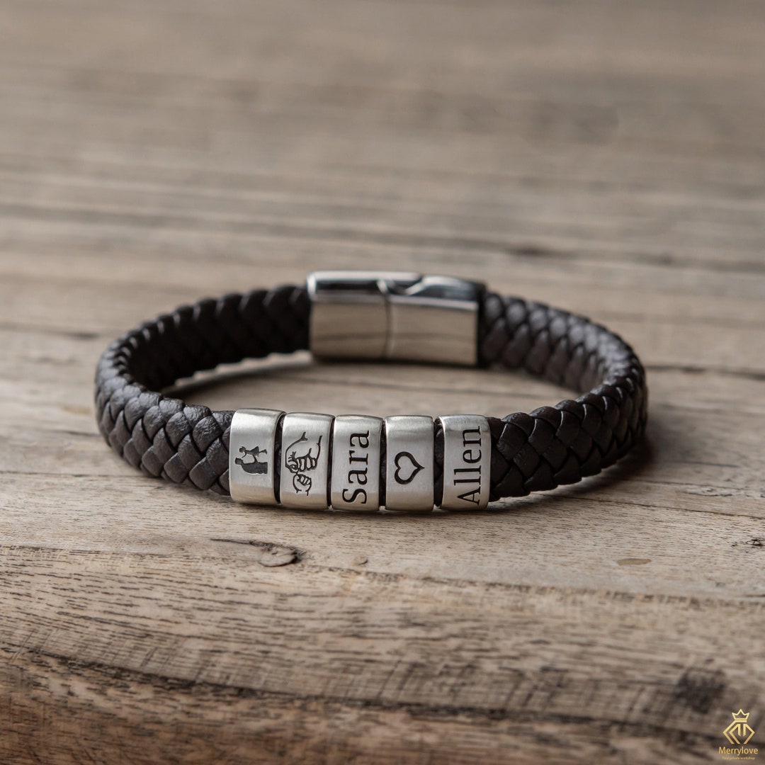 Personalized Mens Leather Bracelet Custom Size, Engraved Name Silver ...