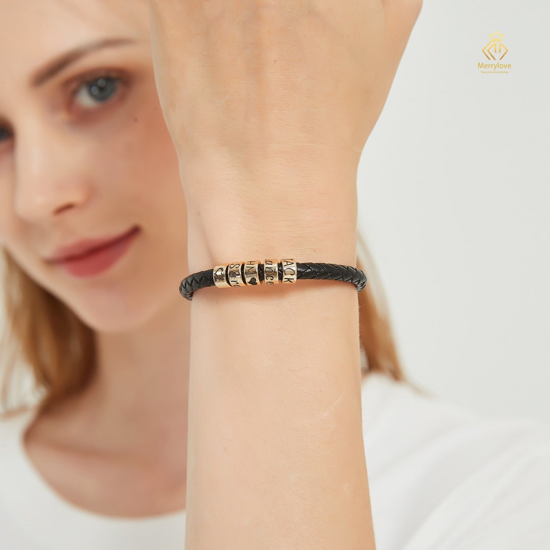 Personalized Women's Leather Bracelet With Name Sterling Silver Beads ...