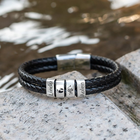 Custom Dad Bracelet Personalized Mens Leather Bracelet Engraved Family Name Bead Bracelet Handmade Jewelry Father s Day Gift for Husband Etsy