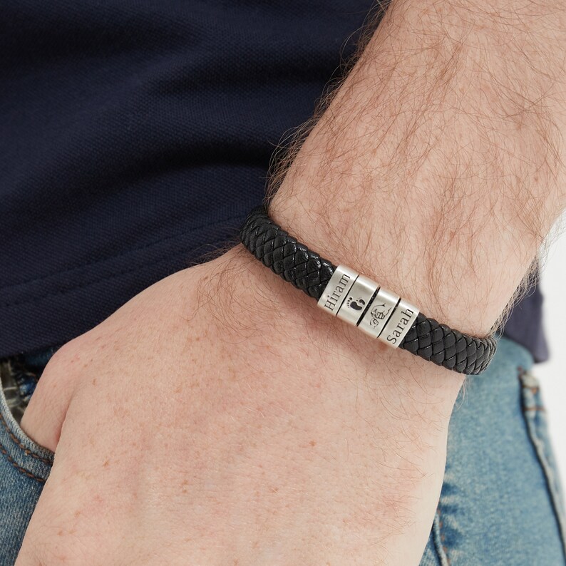 Personalized Leather Mens Bracelet: Engraved Sterling Silver Beads - Etsy