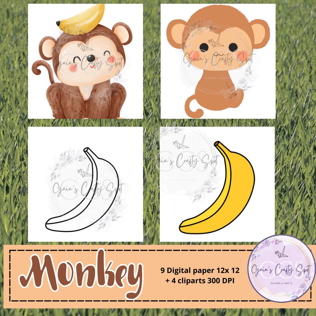 Monkey Digital Paper, Monkey Clipart, Banana, Jungle, Animals, Safari ...