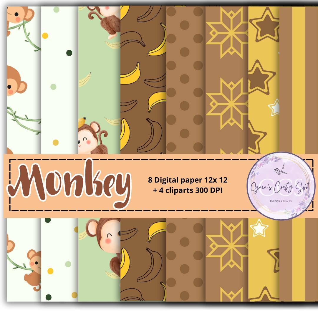 Monkey Digital Paper, Monkey Clipart, Banana, Jungle, Animals, Safari ...