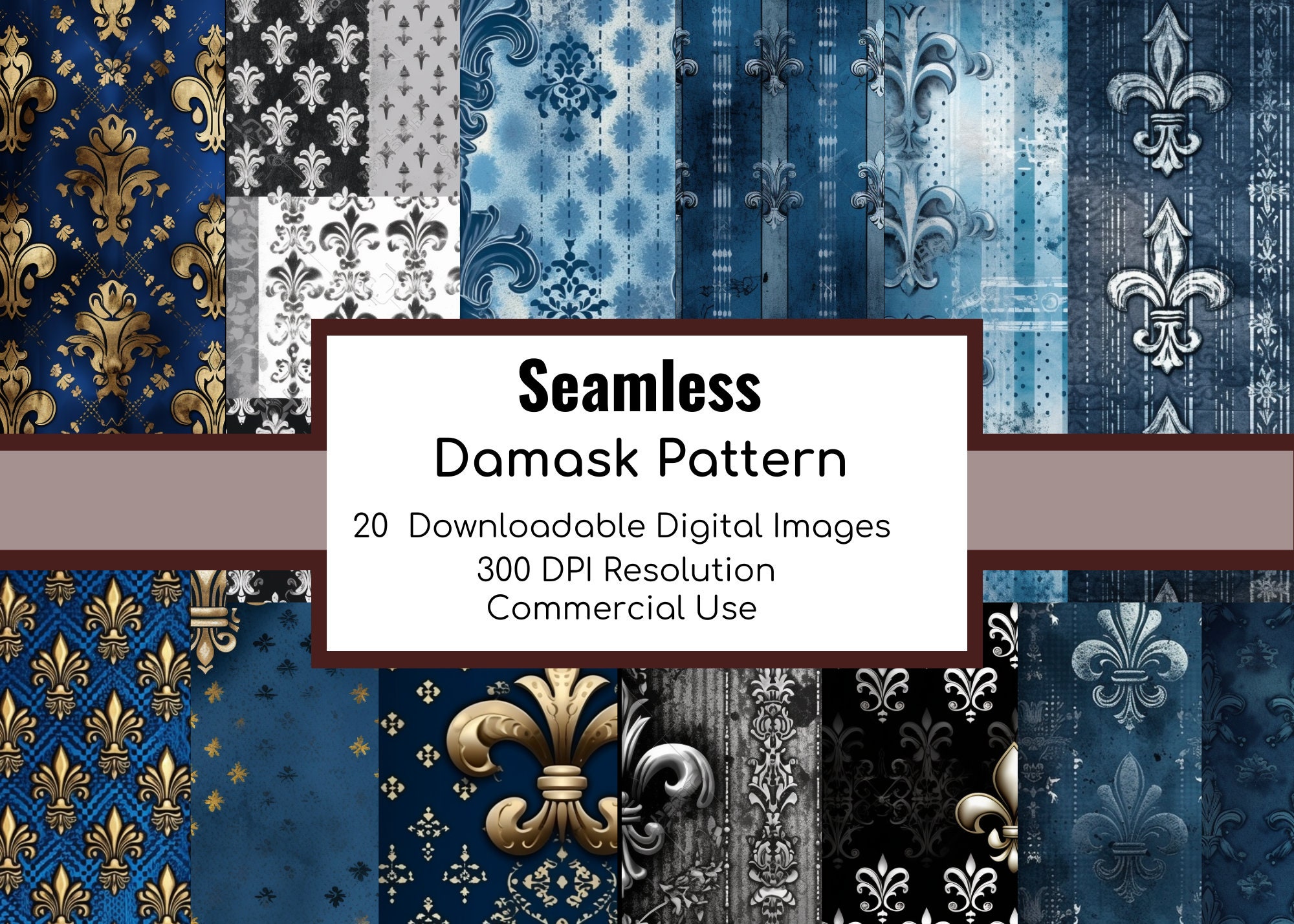 Printable Blue Paper, 50 Sheets, Big Bundle Damask Pattern, Stripes ...