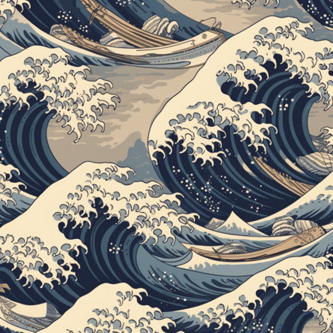 Seamless Wave of Kanagawa, Digital Papers, Japanese Art, JPEG ...