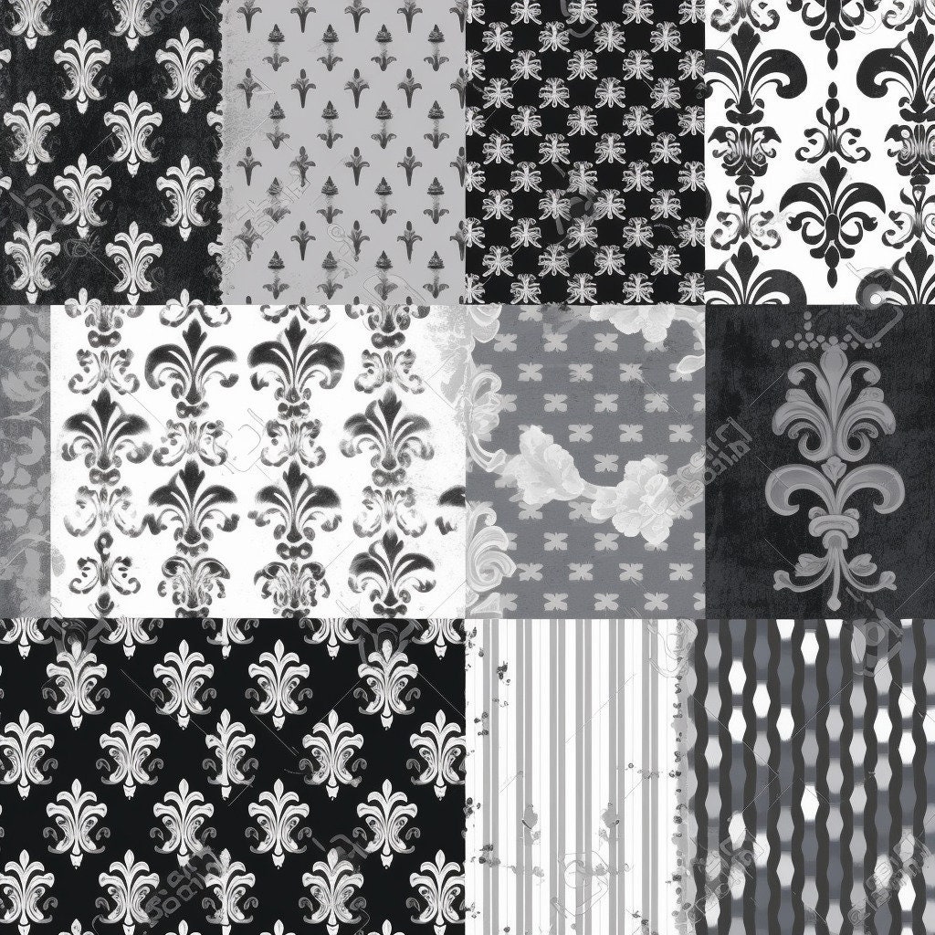 Printable Blue Paper, 50 Sheets, Big Bundle Damask Pattern, Stripes ...