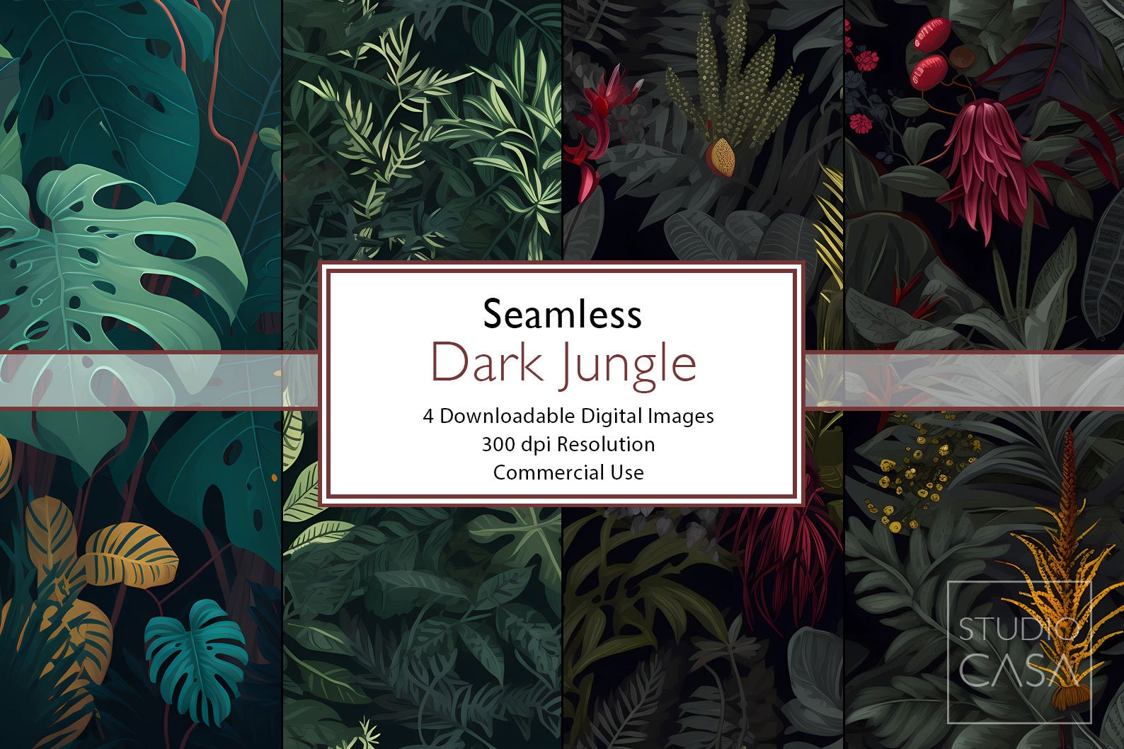 Tropical Jungle Dark Theme Digital Paper, Seamless Printable Patterns ...
