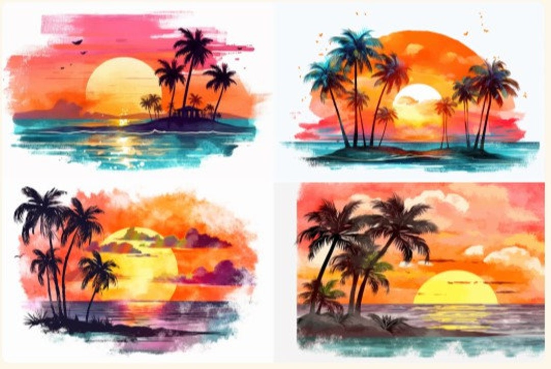 Watercolor Beach Sunsets Waves Digital Paper for Commercial Use, Beach ...