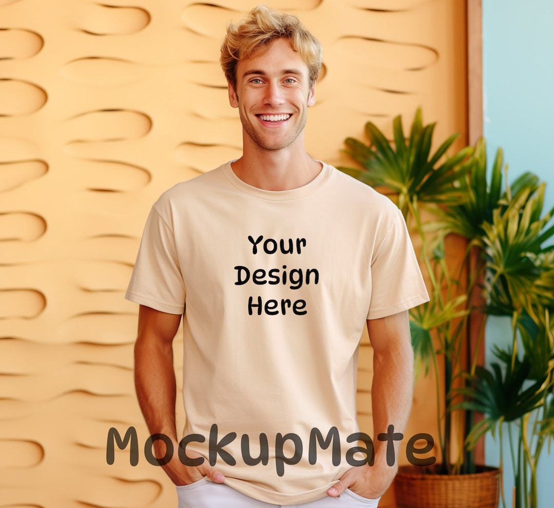 Gildan 5000 Mockup Natural - Male Model Natural Color T Shirt Mockup ...