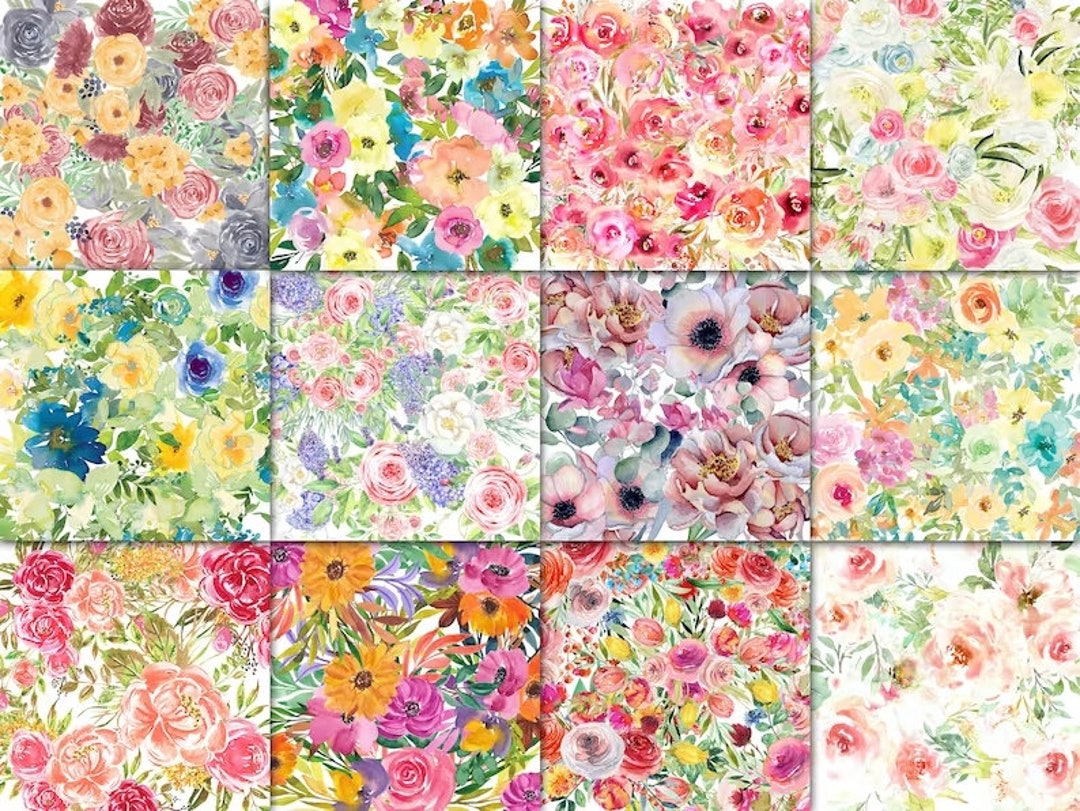Spring Floral Medley Digital Paper - Watercolor Flower Backgrounds - 12 ...