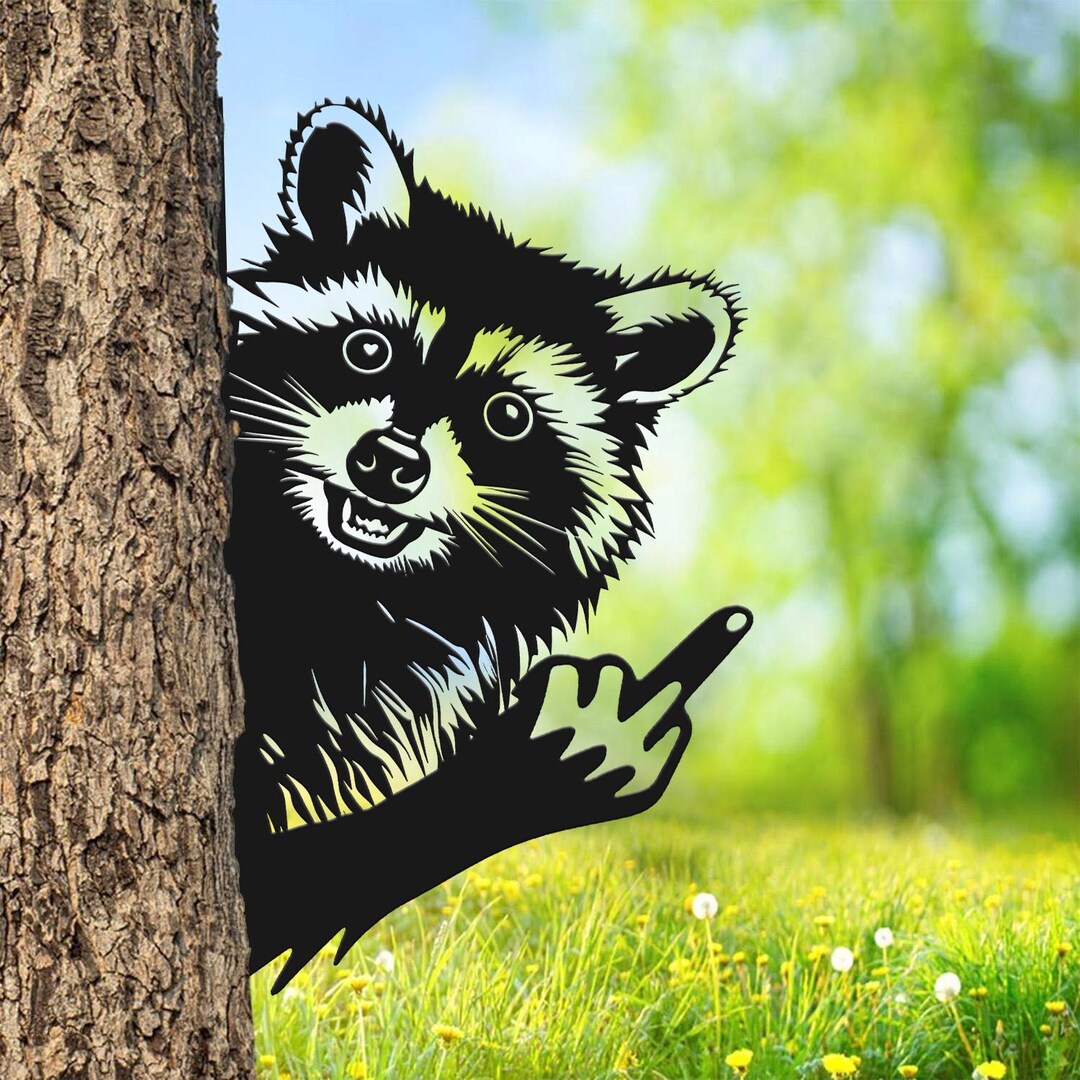 Funny Raccoon Middle Finger Metal Sign, Rude Animal Yard Art, Humorous ...