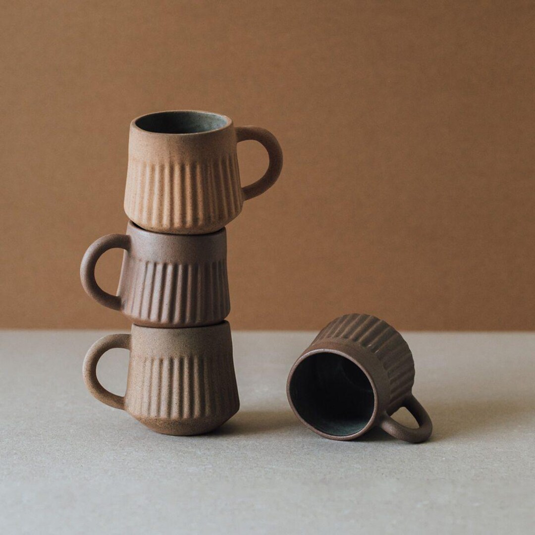 Fluted Terracotta Mug – Minimalist Ceramic Coffee Cup – Rustic Matte ...