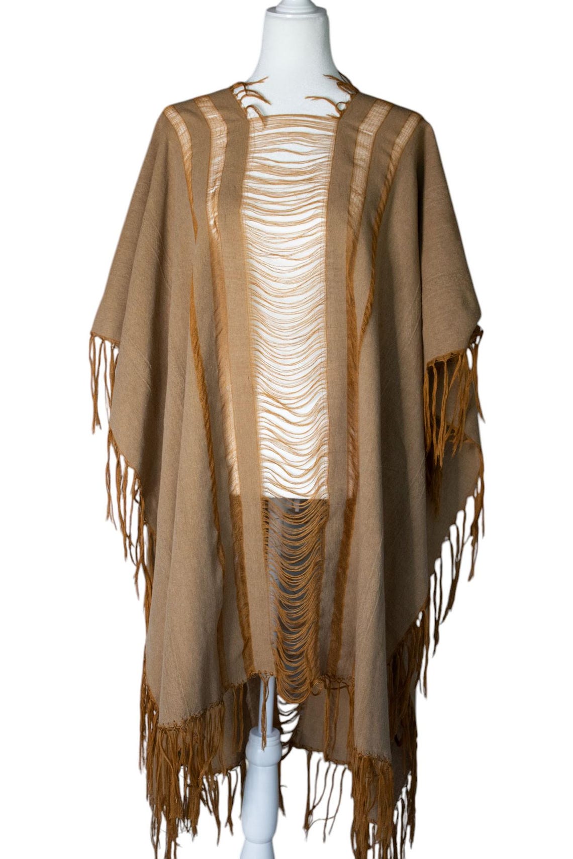 Handwoven Organic Cotton Poncho: Tan Boho Fringe Shawl - Etsy