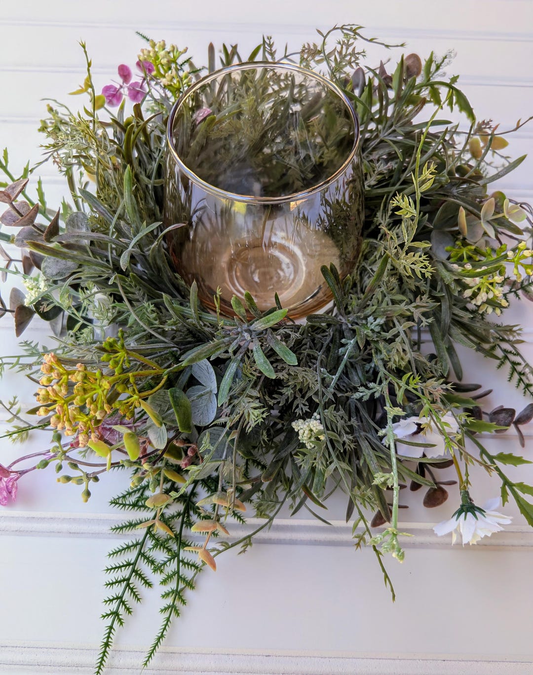 Mini Candle Ring With Fern Eucalyptus & Greenery – White and Lavender ...