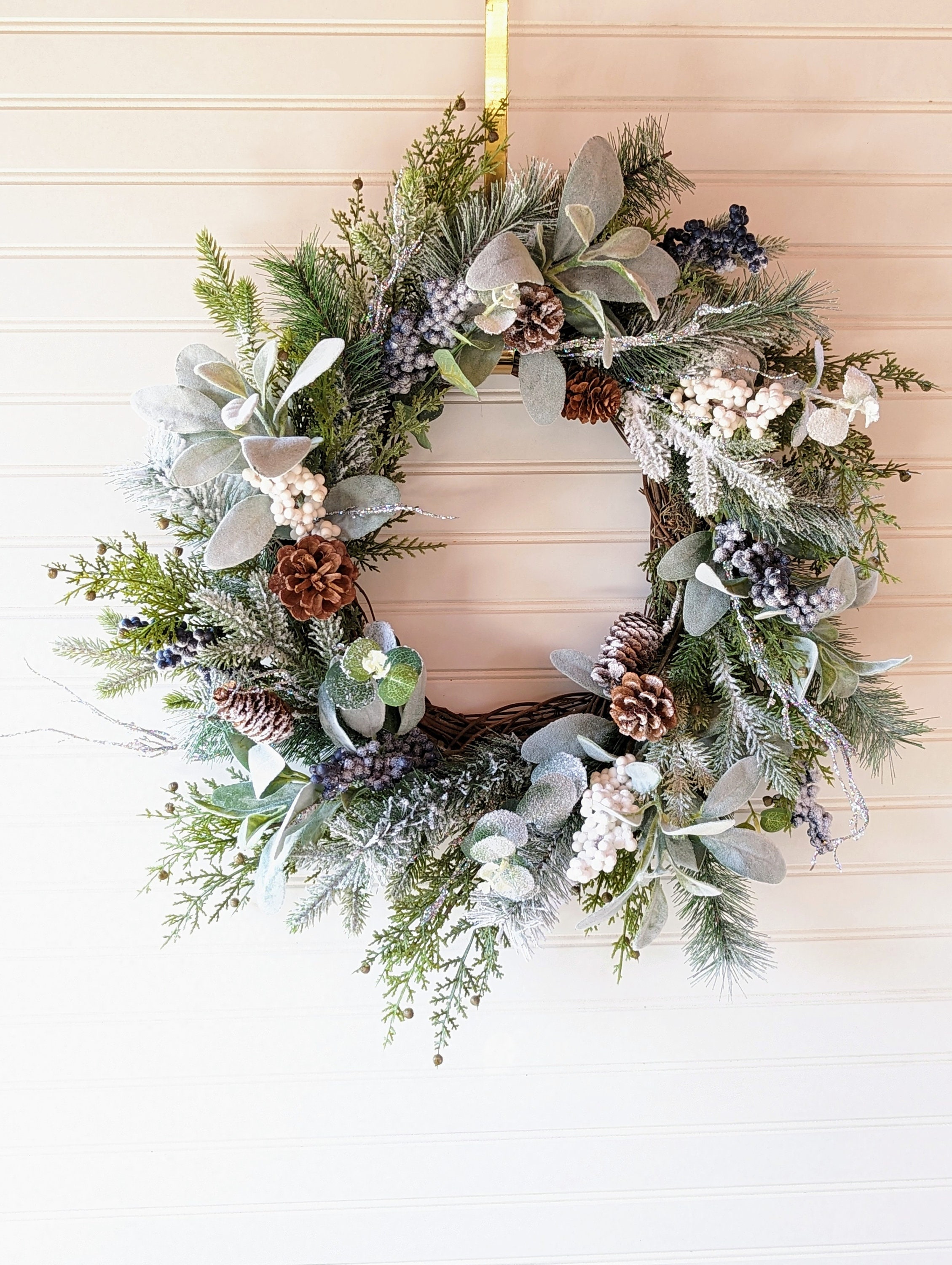 Winter Wreath With Snowy Pine Lambs Ear Juniper Pinecones - Etsy