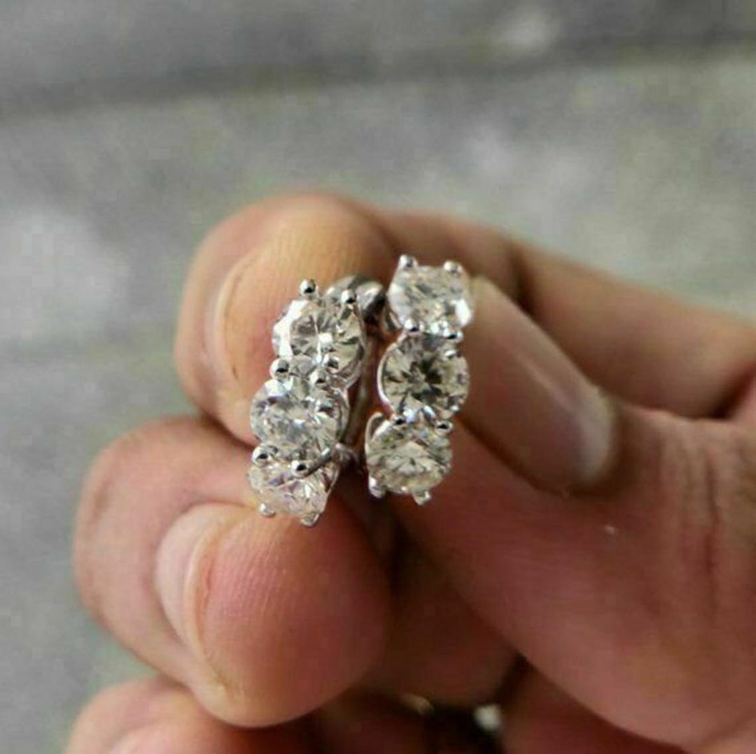 Three Stone Huggie Hoop Earring, Round Moissanite Diamond Earring, 14K ...