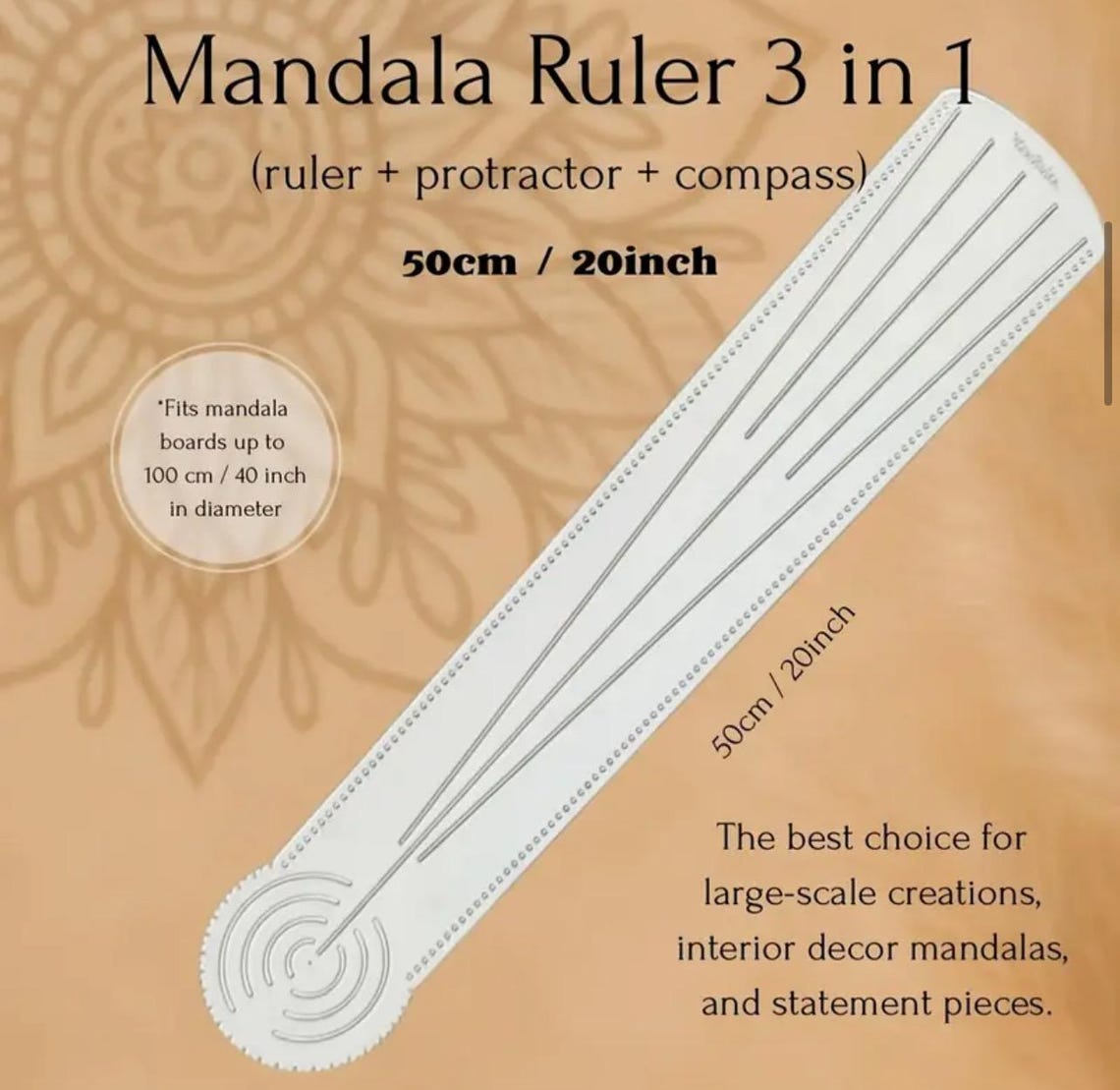 Mandala Art Ruler Set: 3-in-1 Compass, Protractor, Stencil (6", 12", 20 ...
