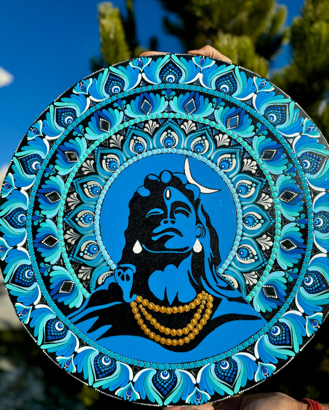 Adiyogi 18'' Wood Canvas Lord Shiva Mandala Dot Mirror Art Living Room ...