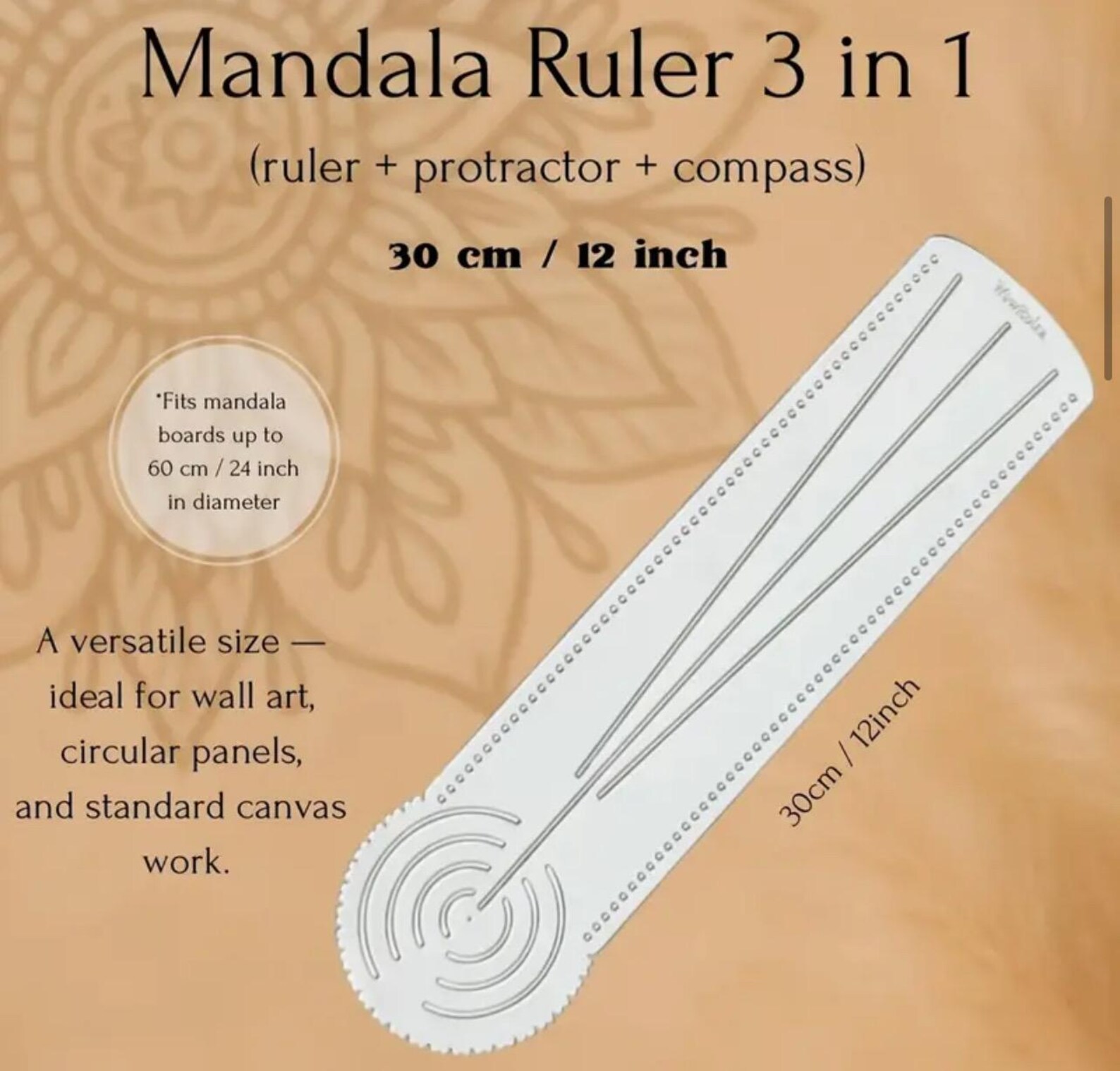 Mandala Art Ruler Set: 3-in-1 Compass, Protractor, Stencil (6", 12", 20 ...