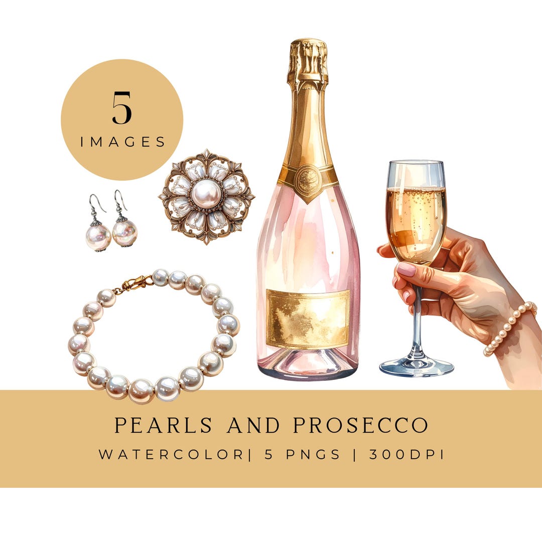 Pearls and Prosecco Watercolor Clipart, Elegant Bridal Shower Pngs ...