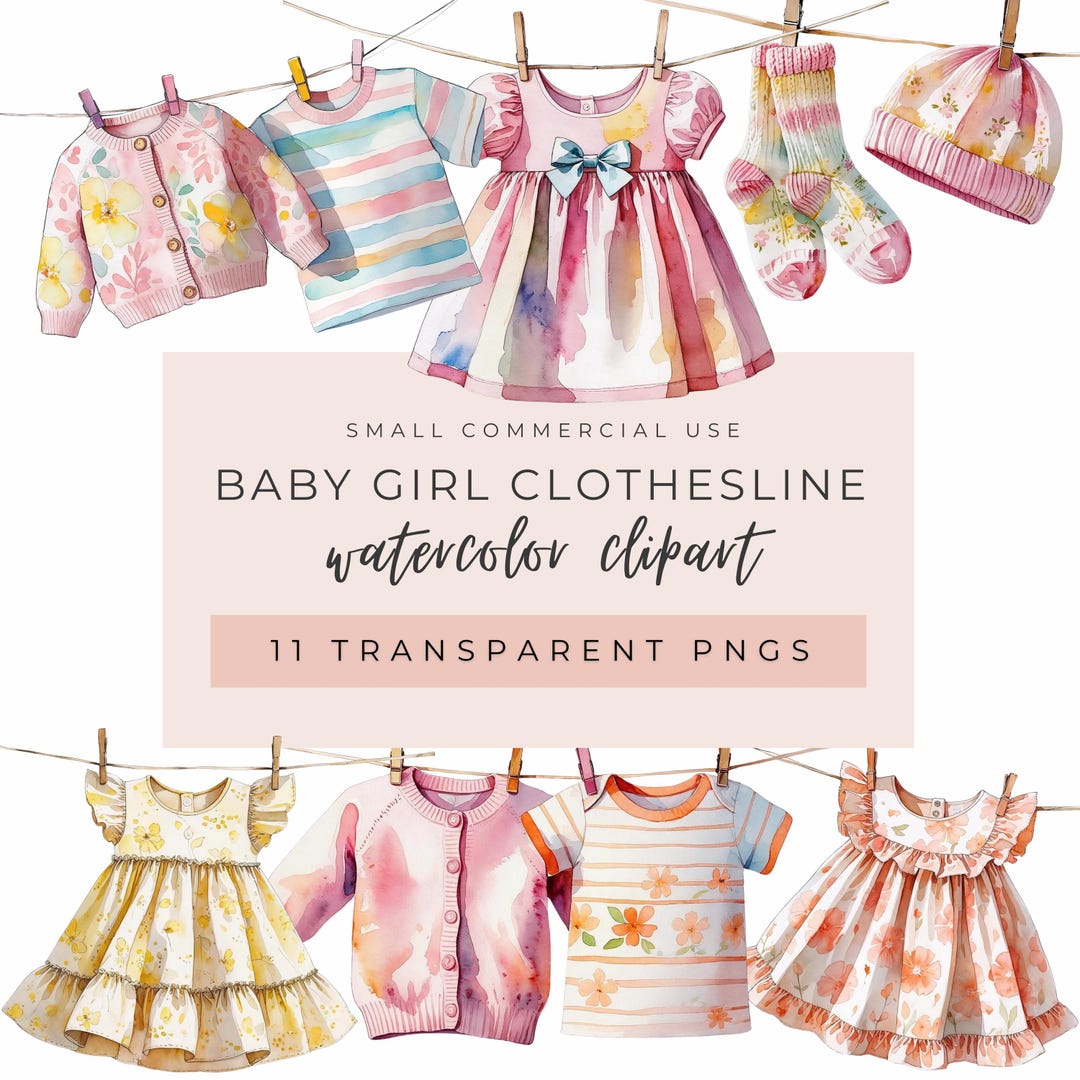 Watercolor Baby Girl Clothes PNG, Clothesline Clipart, Pastel (digital ...