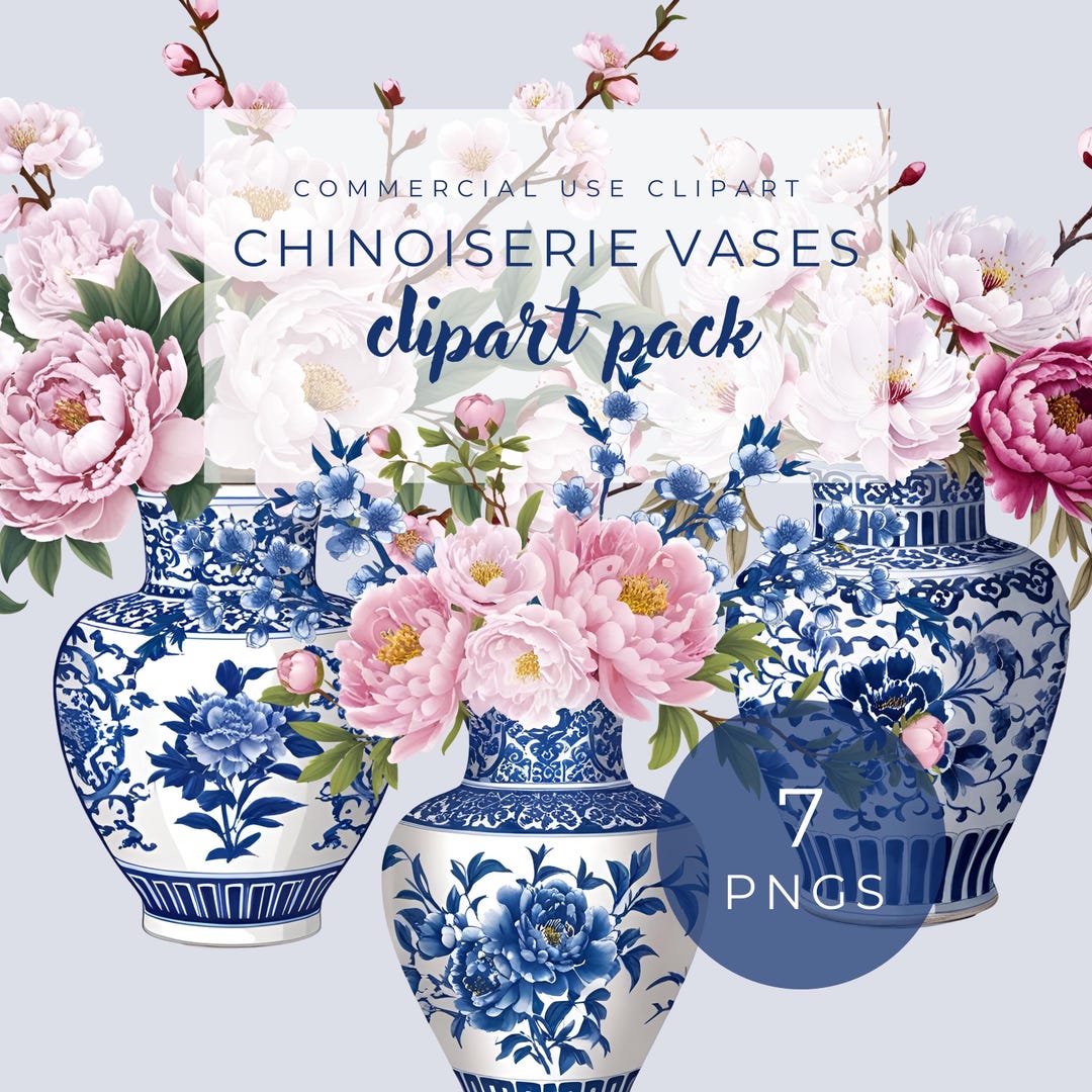 Chinoiserie Vase Clipart: Blue White Chinese Pottery, Pink White ...