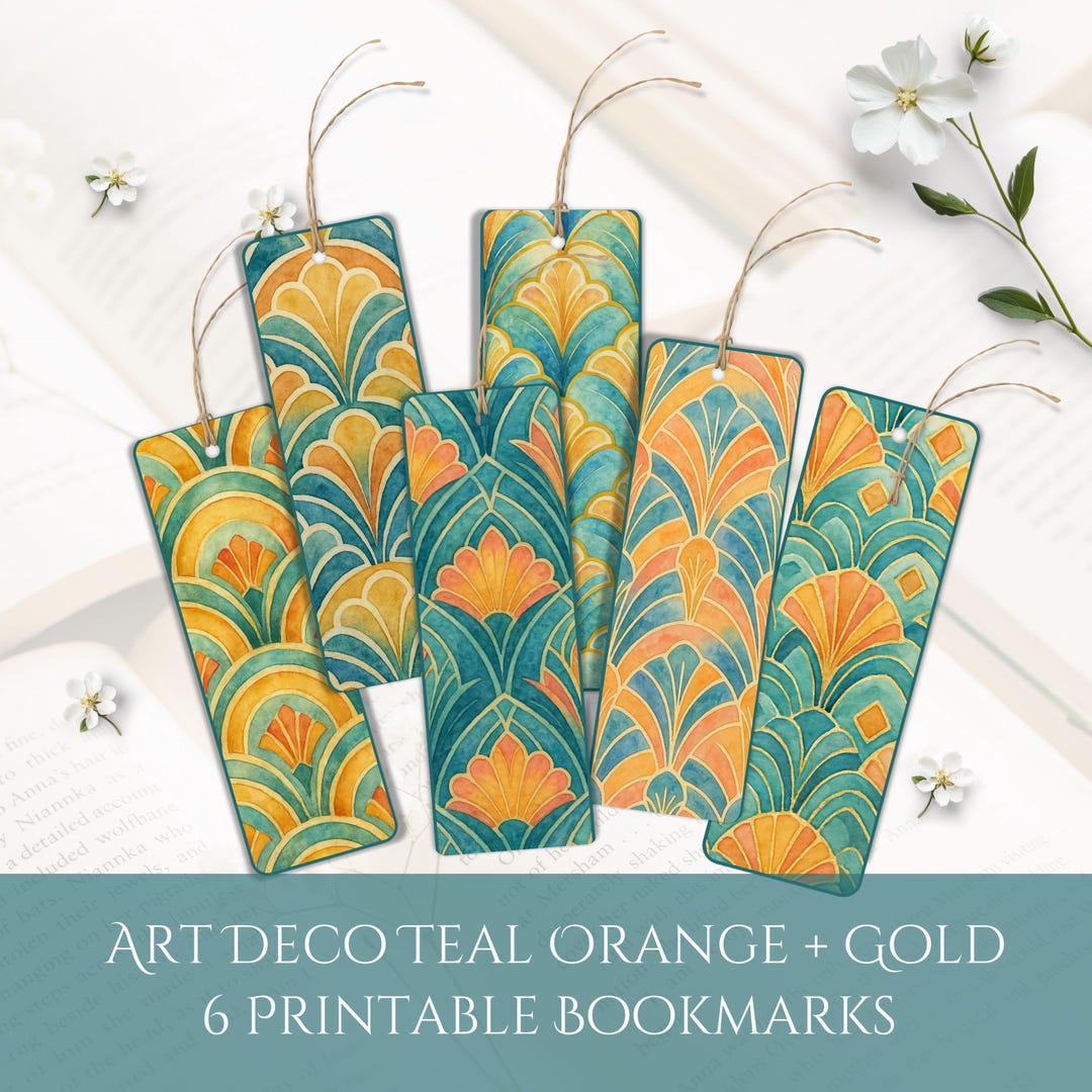 Printable Bookmarks in Art Deco Teal and Gold, 1920s Art Deco Bookmarks ...