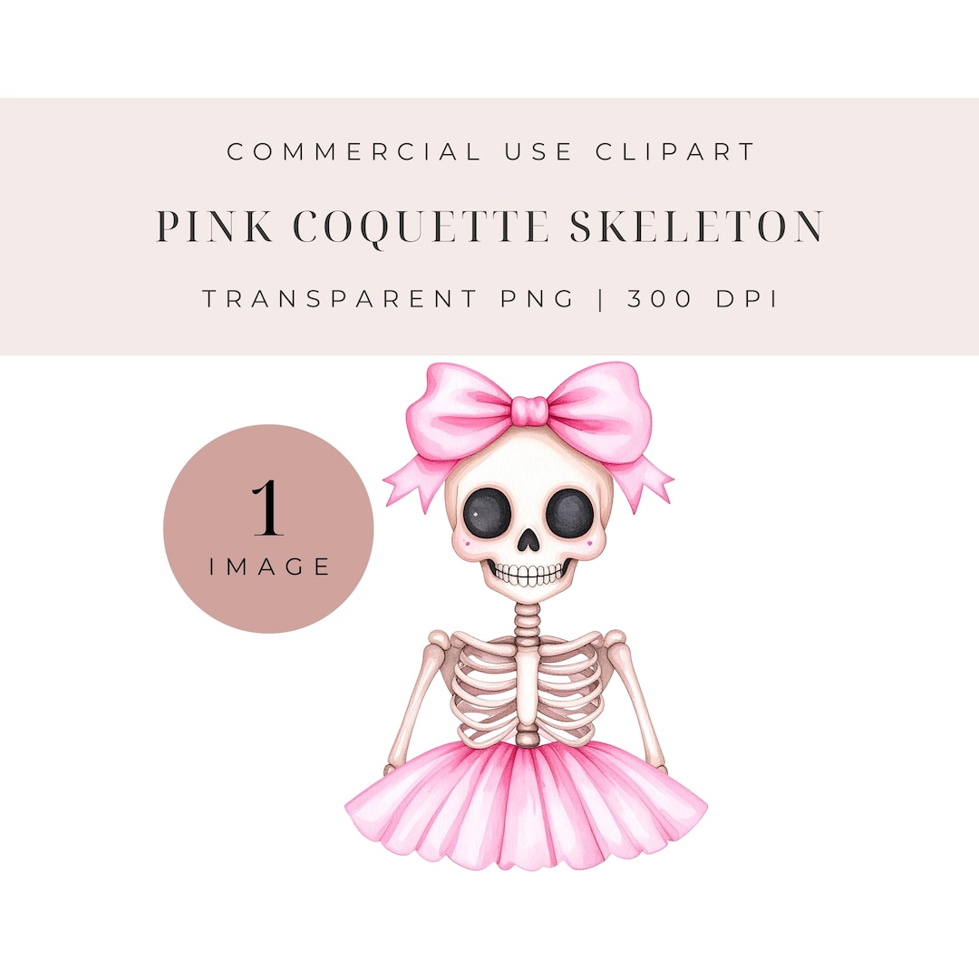 Pink Coquette Skeleton Clipart: Girly Halloween PNG Graphic (commercial ...