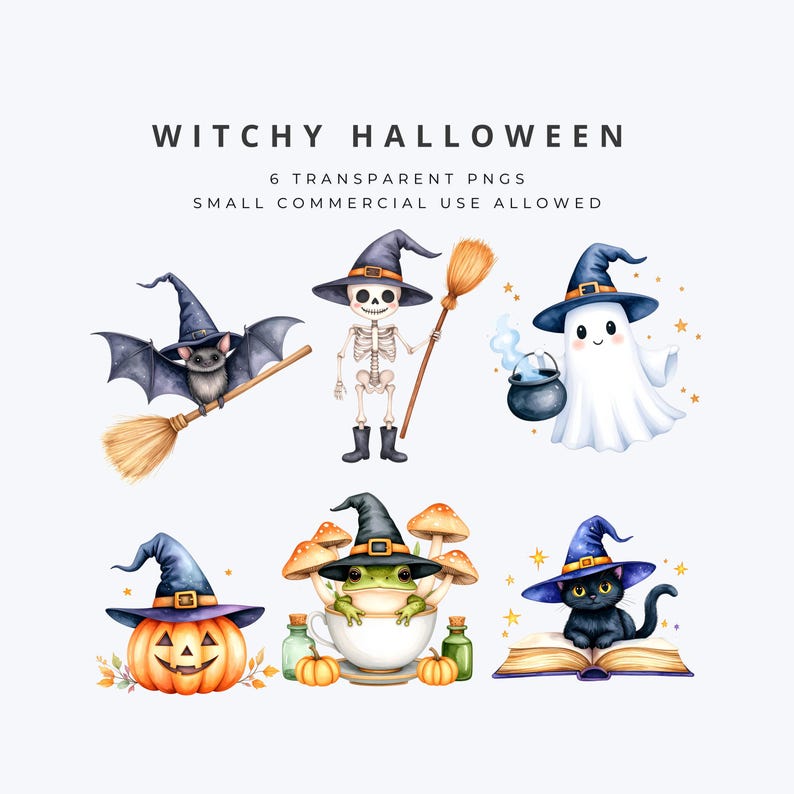 Witchy Halloween Png Clipart Pack, Cute Watercolor Halloween Characters ...