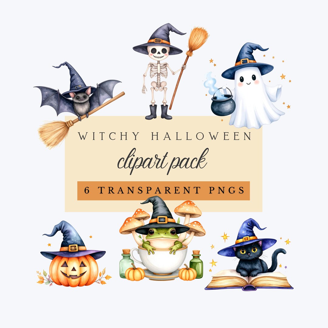 Cute Halloween Characters Clipart PNG, Witchy Clip Art Watercolor ...