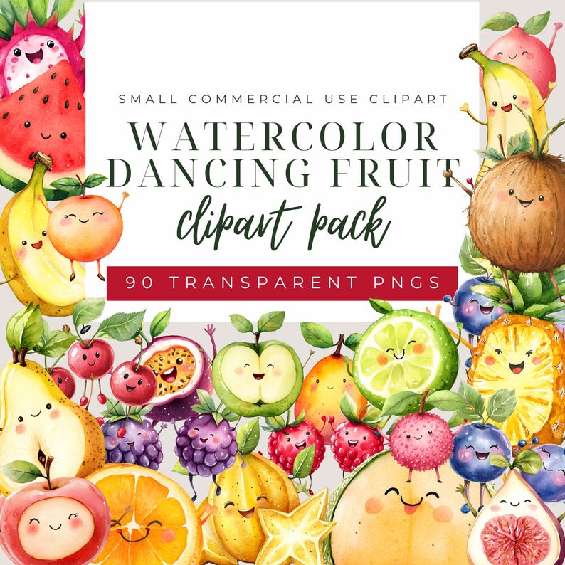 Dancing Fruit Clipart, Cute Kawaii Watercolor Fruit Clipart Set 300 DPI ...